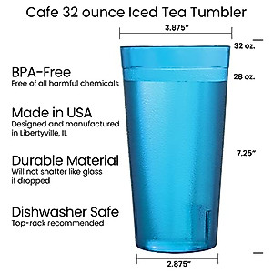 US Acrylic Café Plastic Reusable Tumblers (Set of 12) 32-ounce Iced-Tea Cups, Coastal | Value Set of Restaurant Style Drinking Glasses, Stackable, BPA-free, Made in the USA | Top-rack Dishwasher Safe
