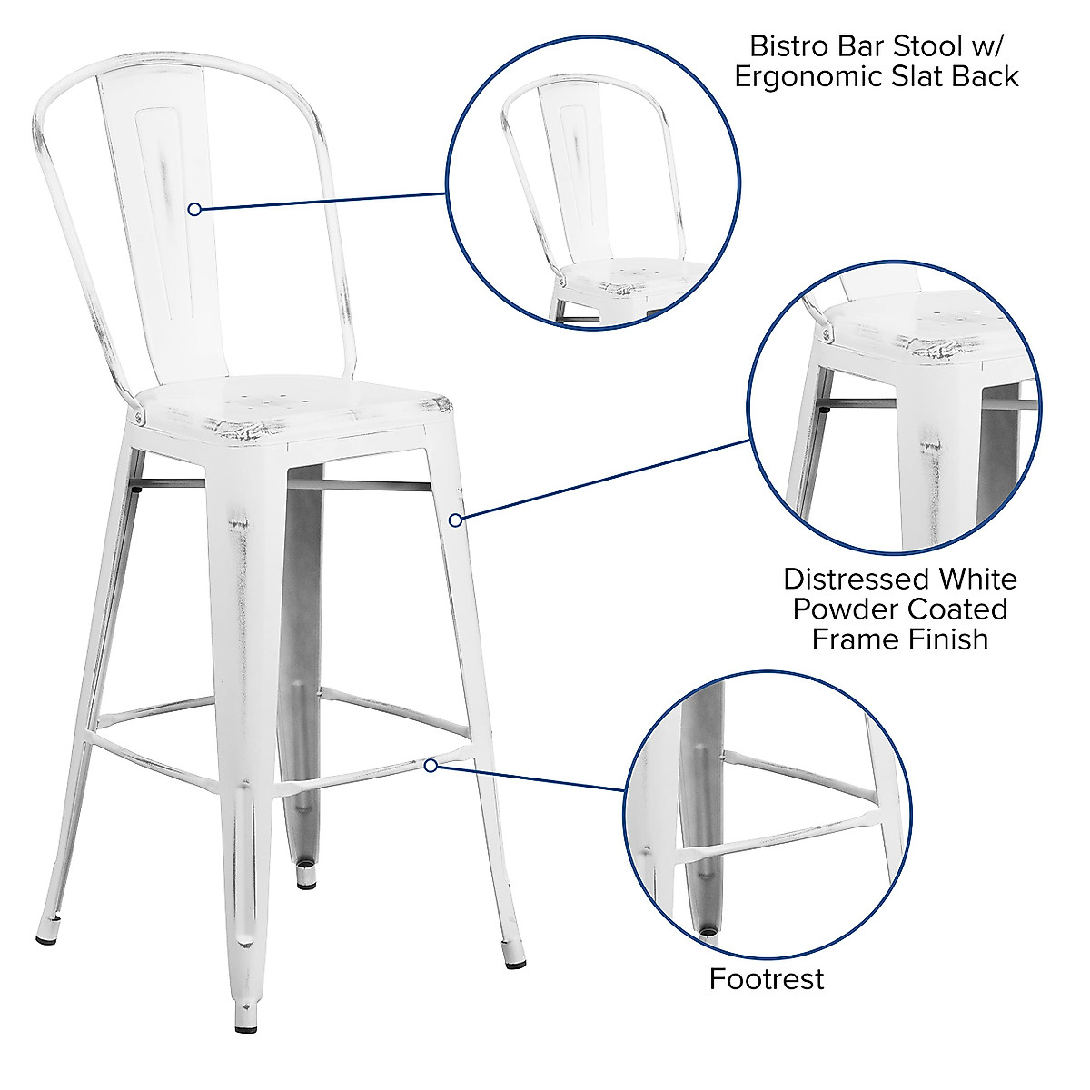 EMMA + OLIVER Commercial Grade 30" H Distressed White Metal Indoor-Outdoor Barstool w/Back