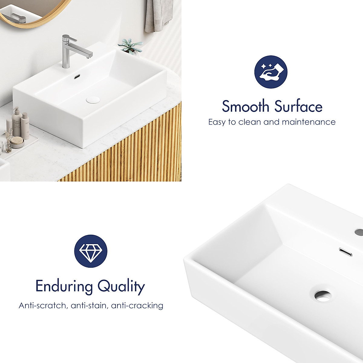 24" x 16" Bathroom Sink Vessel Rectangle, Eridanus Hang Wall Mount Sinks Countertop Vanity Floating Trough Washbasin, Ceramic Porcelain Modern White Art Basin Bowl with Overflow