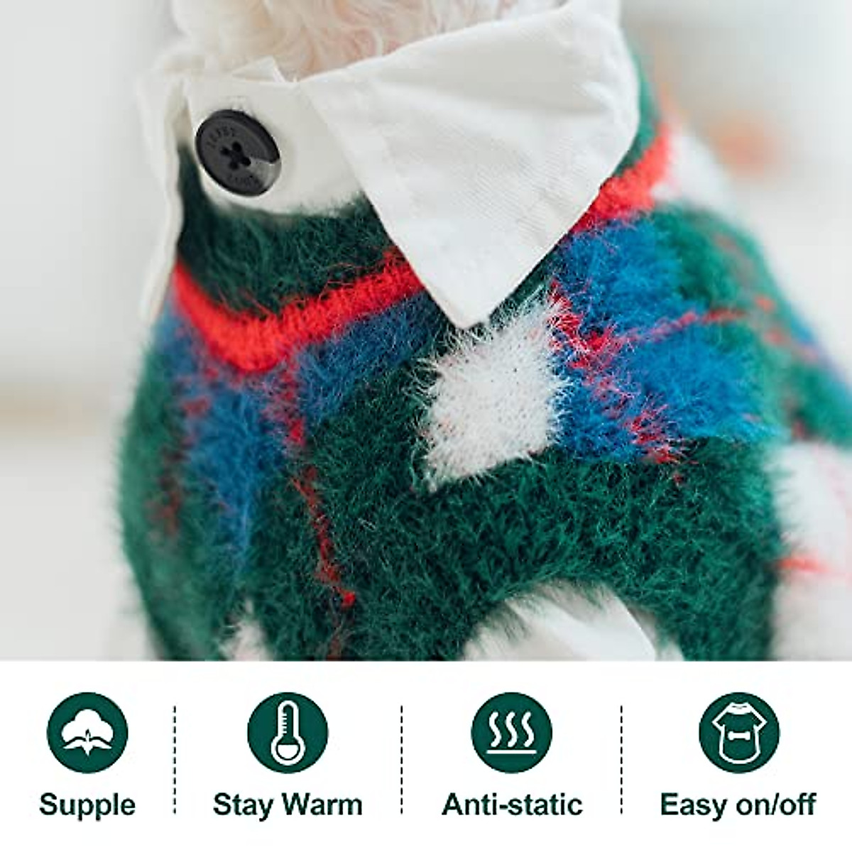 Fleece Dog Sweater - Classic Plaid Dog Sweater, Patchwork Doggies Fall Winter Sweatshirt Soft Warm Puppy Clothes for Small Medium Dogs Girls Boys Green