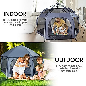 Premium Indoor and Outdoor Baby Playpen - Portable, Lightweight, Pop Up Pack and Play Toddler Play Yard w/Canopy and Travel Bag - Grey