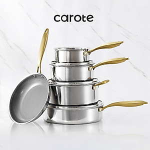 CAROTE Ceramic Tri-Ply Stainless Steel Cookware Set, 10Pcs Stainless Steel Pots and Pans with Tempered Glass Lids, Stay-Cool Handles, Dishwasher and Oven Safe up to 500°F