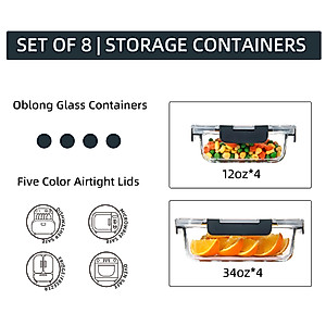 YANGNAY 8 Pack Glass Food Storage Containers, Glass Meal Prep Containers with Airtight Lids, Dishwasher/Freezer Safe Glass Containers, 2 sizes