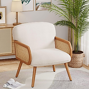 Andeworld Accent Chair with Rattan Arms,Upholstered Mid Century Modern Living Room Armchair, Side Club chair with Burlap Linen Fabric for Living Room Bedroom Balcony, Beige