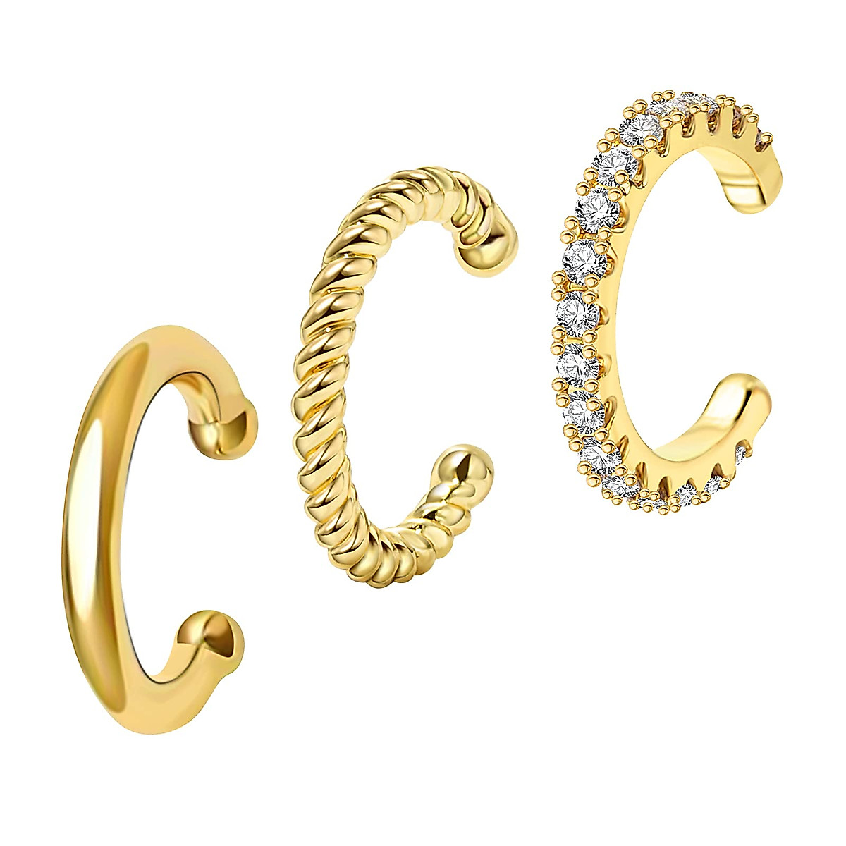 ATCARMOR 3Pcs 14K Gold Plated Cubic Zirconia Ear Cuffs for Non Pierced Ears Women, Hypoallergenic Sparkling Round Huggie Cartilage Earring Jewelry Gifts (gold)