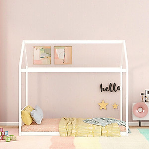 MERITLINE Kids Queen Size House Bed Frame, Wooden Double Floor Bed with Headboard for Kids, Montessori Bed with Support Slats for Boys Girls Toddlers (White)