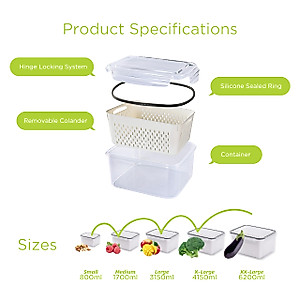 AVUX Fruit Storage Containers for Fridge (4 Pcs) Air Tight Food Storage Bins with Lid | Leak-Proof Rectangular Containers to Keep Fruits, Berries, Veggies, and Salad Fresh for Longer