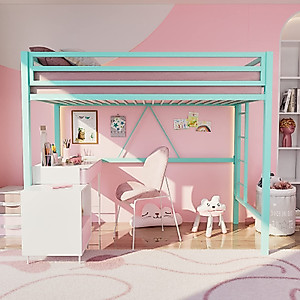 ikalido Metal Loft Bed Twin Size with Safety Guardrail and Ladder, No Box Spring Needed Space Saving Bedroom Furniture, Aqua Green