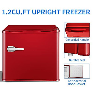 Antarctic Star Mini Upright Freezer -1.2 cu.ft Compact freezer with Removable Shelves and Adjustable Thermostat, for Home/Kitchen/Office(Red)