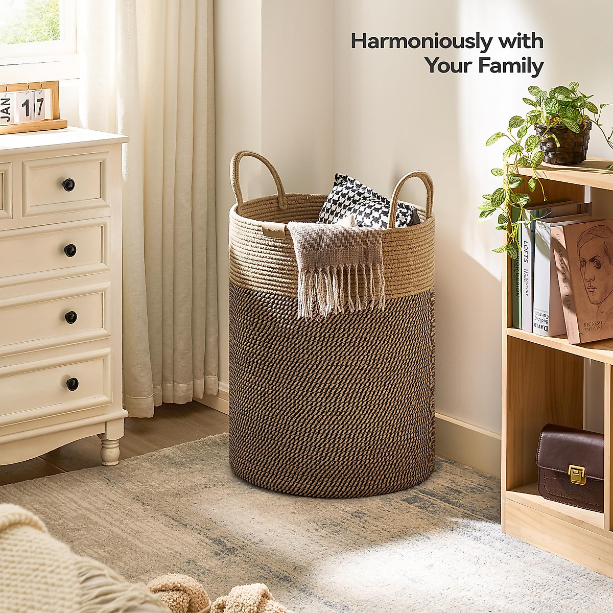 Nunsino 95L Laundry Hamper Basket,Baby Nursery Woven Storage Basket for Toys Bin,Pillows,Blankets,Clothes,Dark&Brown
