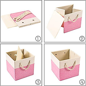 PRANDOM Large Foldable Cube Storage Bins 13x13 inch [4-Pack] Fabric Linen Storage Baskets Cubes Drawer with Cotton Handles Organizer for Shelves Toy Nursery Closet Bedroom Pink