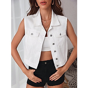 SweatyRocks Women's Sleeveless Button Down Ripped Jean Jacket Flap Pocket Crop Denim Vest Top White S