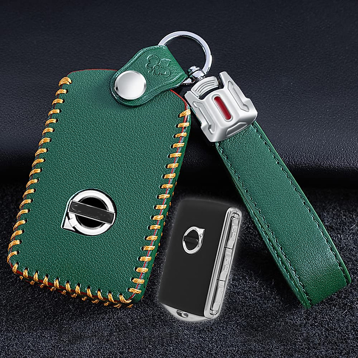 SANRILY Cowhide Leather Key Fob Cover for Volvo XC90 2017 2018 2019 XC60 S90 V90 Key Fob Keyless Full Protection Smart Key Case with Keychain Green