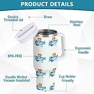 ODAWA Large Travel Coffee Tumbler with Handle and Straw, Bear Pilot Blue Airplane Leak Proof Tumbler
