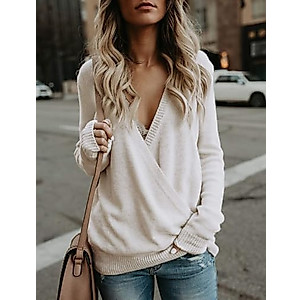 softome Womens Knitted Deep V-Neck Long Sleeve Wrap Front Loose Sweater Pullover Jumper Tops A-Beige