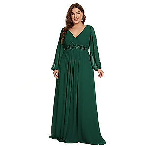Ever-Pretty Plus Womens Floor-Length Plus Size A-line Ruched Dance Dress with Sleeves Green US18