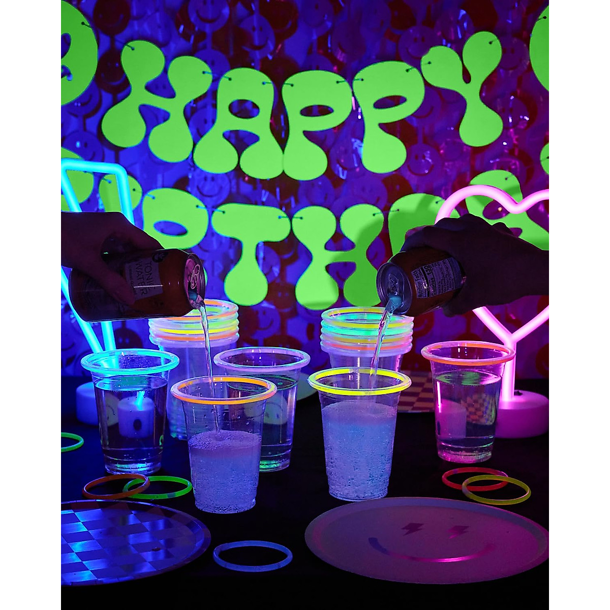 xo, Fetti Happy Birthday Smiley Rave Banner - Neon, 5 Ft. | Fun Birthday Party Decorations, Cute Festival Bday Decor, HBD, Preppy Party, Glow Photobooth Backdrop, Groovy Kids Party