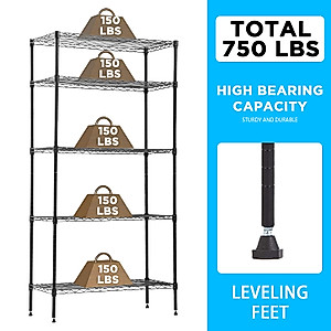 FDW 30" L×14" W×60" H Wire Shelving Unit Metal Shelf with 5 Tier Casters Adjustable Layer Rack Strong Steel for Restaurant Garage Pantry Kitchen Garage，Black