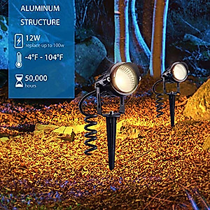 SUNVIE 12W Low Voltage Landscape Lighting (AC/DC 12V) Waterproof Landscape Lights Ultra Warm Pathway Walls Trees Flags Outdoor Spotlights with Spike Stand (2 Pack)