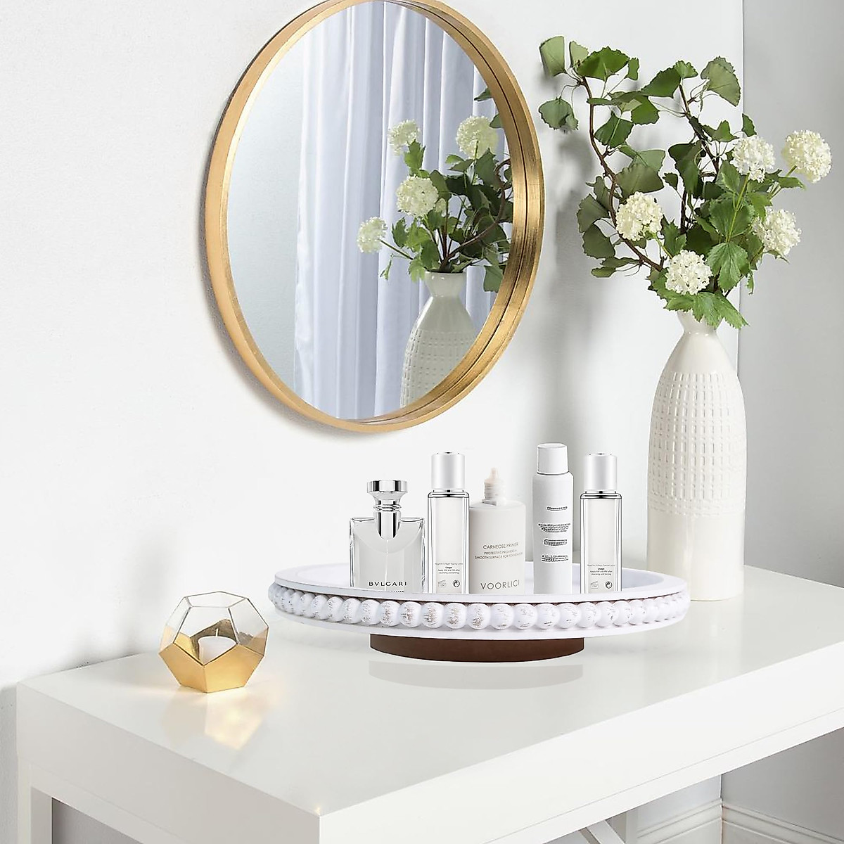 HPC Decor 12 Inch Beaded Lazy Susan- Wooden Lazy Susan Organizer- Farmhouse Table Decor- Round Lazy Susan for Table Cabinet- Kitchen Turntable 360 Degrees Rotating Table Decor Spinning Tray (White)