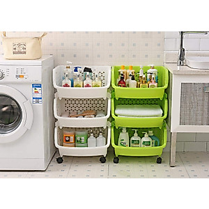 HWJX 3-Tier Plastic Storage Rack Box Stand Stacking Stackable Basket Storage Organize,White/Green (Green)