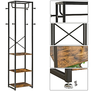 IBUYKE Coat Rack with Shelves, Freestanding Hall Tree with 3 Shelves and 8 Hooks, Industrial Clothes Stand for Entryway, Hallway, Bedroom, Rustic Brown UTMJ088H