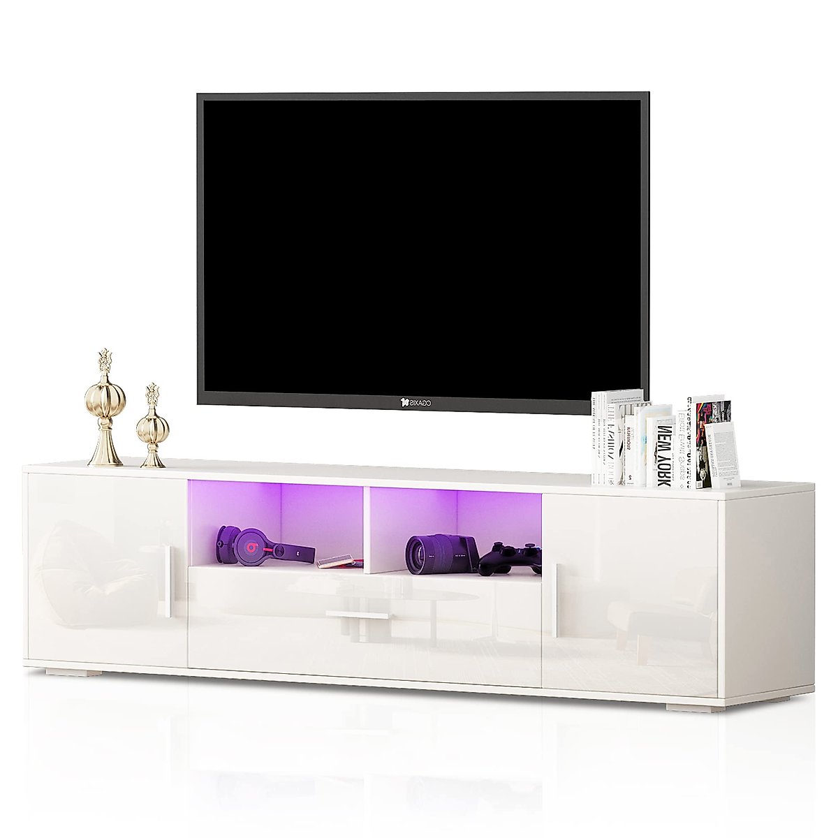 SOLBAKUILT High Gloss White TV Stand for 50/55/60/65/70/75+ Inch TV, LED Entertainment Center, Modern TV Console with Storage Drawers for Bedroom & Living Room