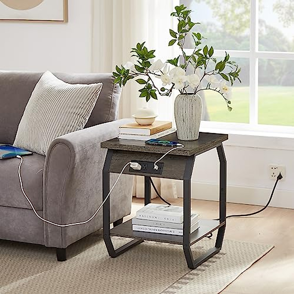 Anwick End Table with Charging Station Set of 2 Side Table with USB Ports and Outlets, Nightstand with Storage, Bedside Tables for Small Spaces, Sofa Side Tables for Living Room Bedroom(Grey)
