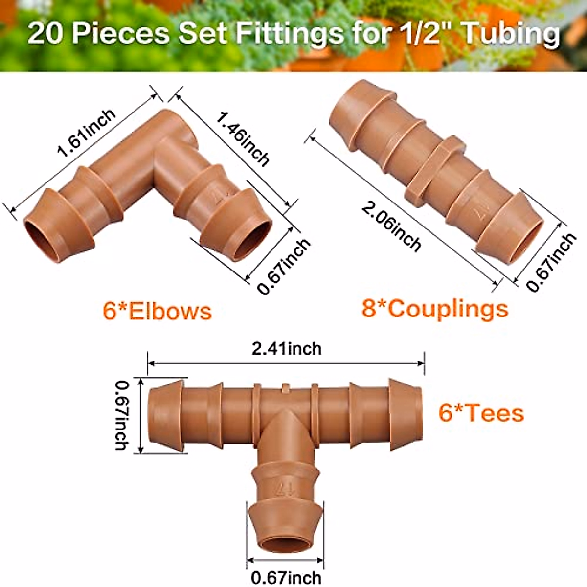 iRunning Drip Irrigation Fittings Kit for 1/2 Inch Tubing, 20 Pieces Drip Irrigation Parts for Drip Sprinkler System - 8 Couplings, 6 Tees, 6 Elbows, Drip Line Connectors for 1/2" Drip Irrigation Hose