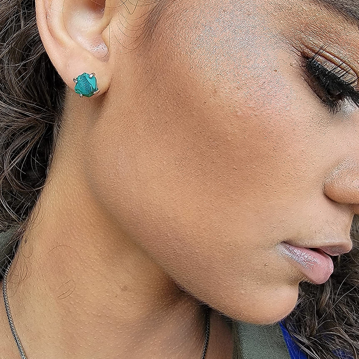 Natural raw malachite gemstone stud earrings with white gold over 925 sterling silver, 6 to 7mm rough genuine quality birthstone gift for her, Uniquelan Jewelry (malachite)