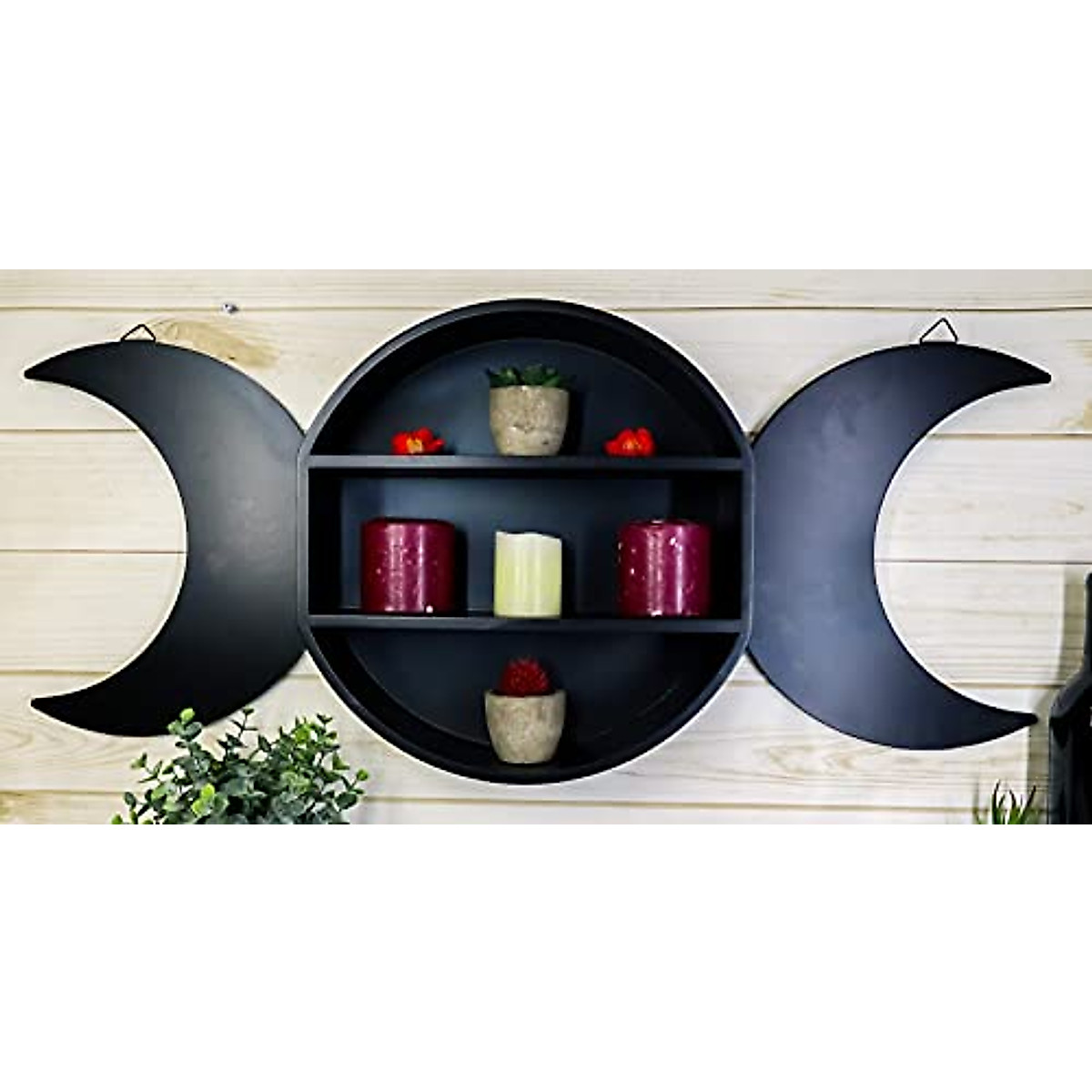 Ebros Light Duty Black Wicca Sacred Triple Moon Feminine Goddess Wall Hanging Floating Foldable Hinged MDF Wood Shelf with Tiers 14" Tall 36" Wide Occult Wiccan Home Office Room Accent