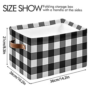 Black White Buffalo Plaid Storage Basket Collapsible Storage Bins Cubes Box Clothes Hamper Toy Chest Fabric Gift Baskets for Shelves Office Home Nursery Shoes with Leather Handles