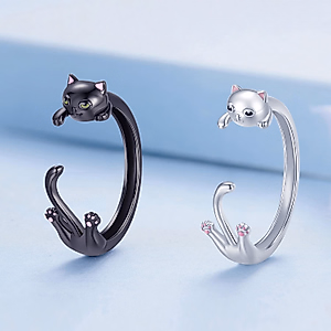 RUKYF 925 Sterling Silver Black Cat Rings with Black Gold Plating Dainty Stackable Adjustable Rings for Women Men Cute Cat Gifts for Cat Lovers
