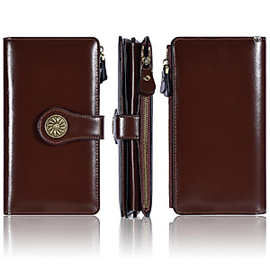 Travelambo Wallets Women RFID Large Capacity Luxury Waxed Leather Clutch Wallet Multi Card Organizer