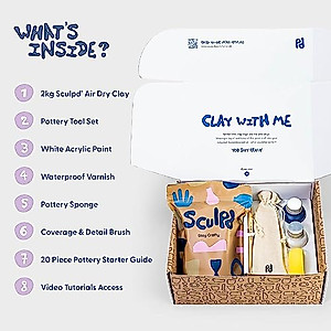 Sculpd Pottery Kit, Air-Dry Clay Starter Kit for Beginners with Gloss Varnish, Pottery Kit includes: Paint, Tool Set, Paintbrushes, Sponge and Step-by-Step Guide, Air Drying Clay Kit for Adults