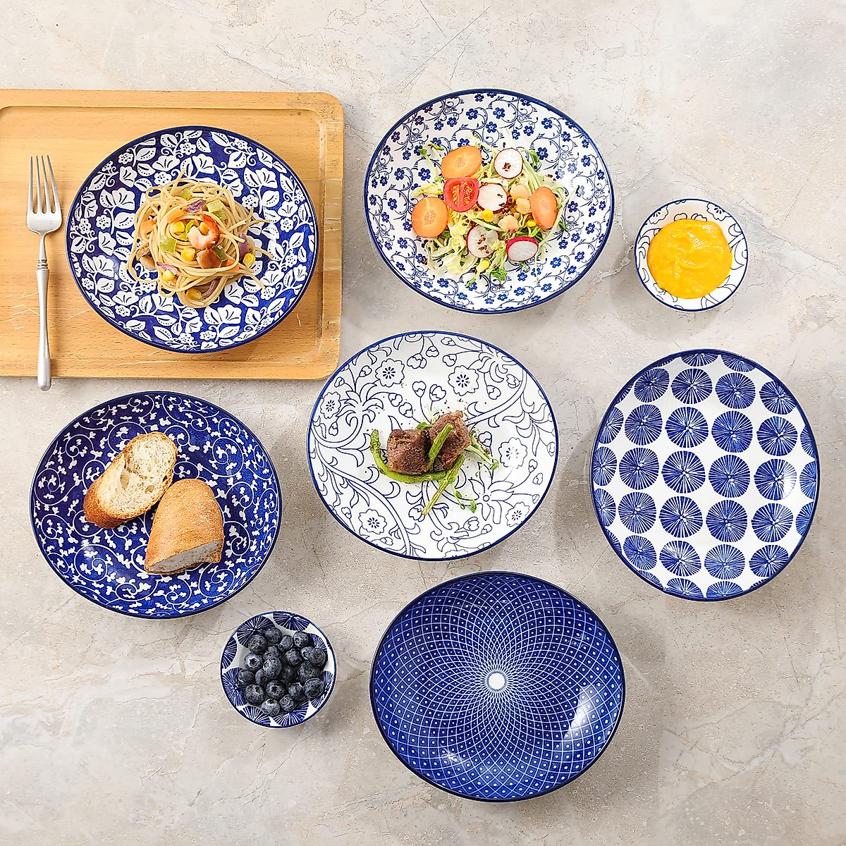 Selamica Porcelain 20oz Bowls Set Bundle with 8 inch Porcelain Pasta Bowls, Vintage Blue