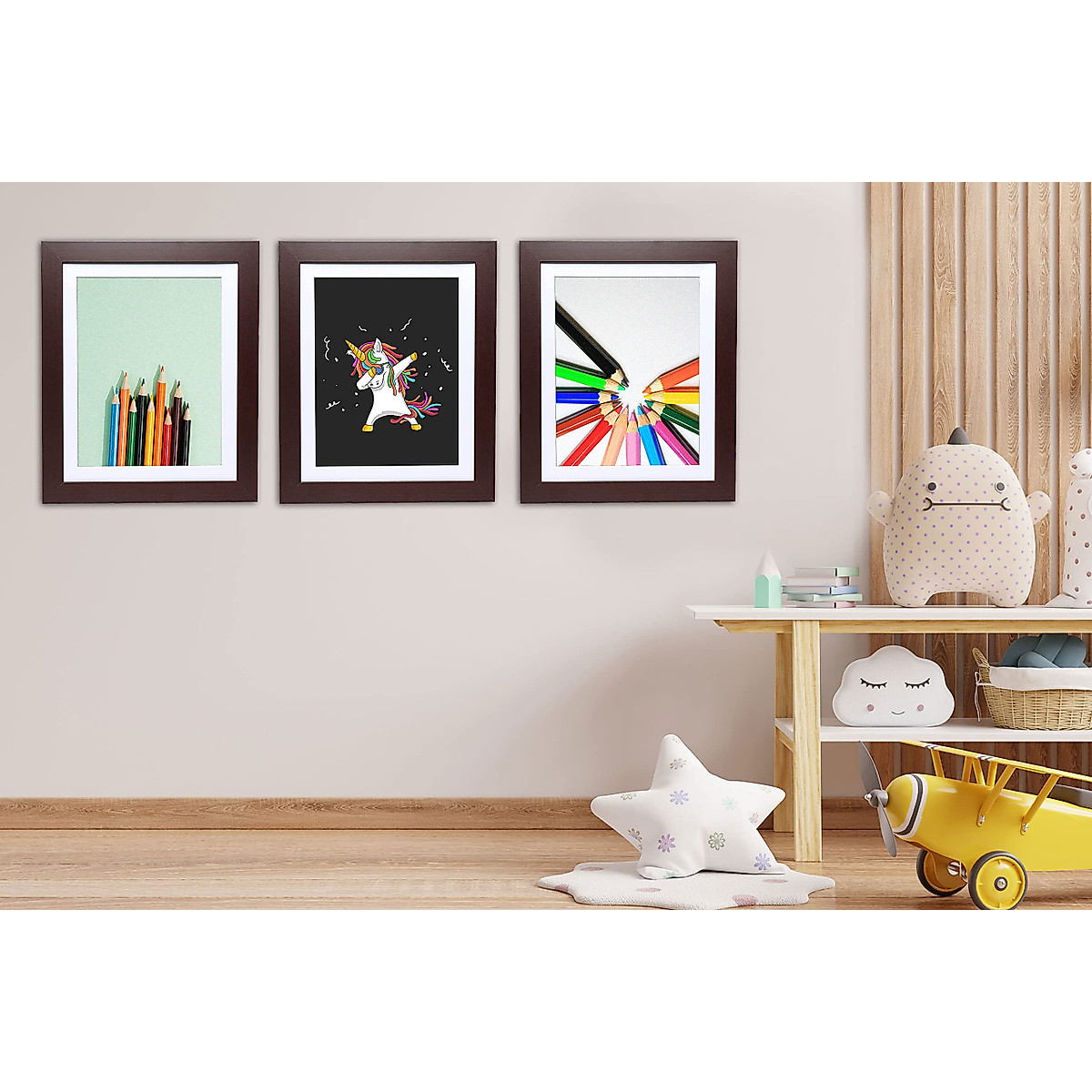 FrameWorks 10” x 12.5” Mahogany Wooden Kid Art Frame with Gallery Style Edges, Tempered Glass, and Elastic Straps