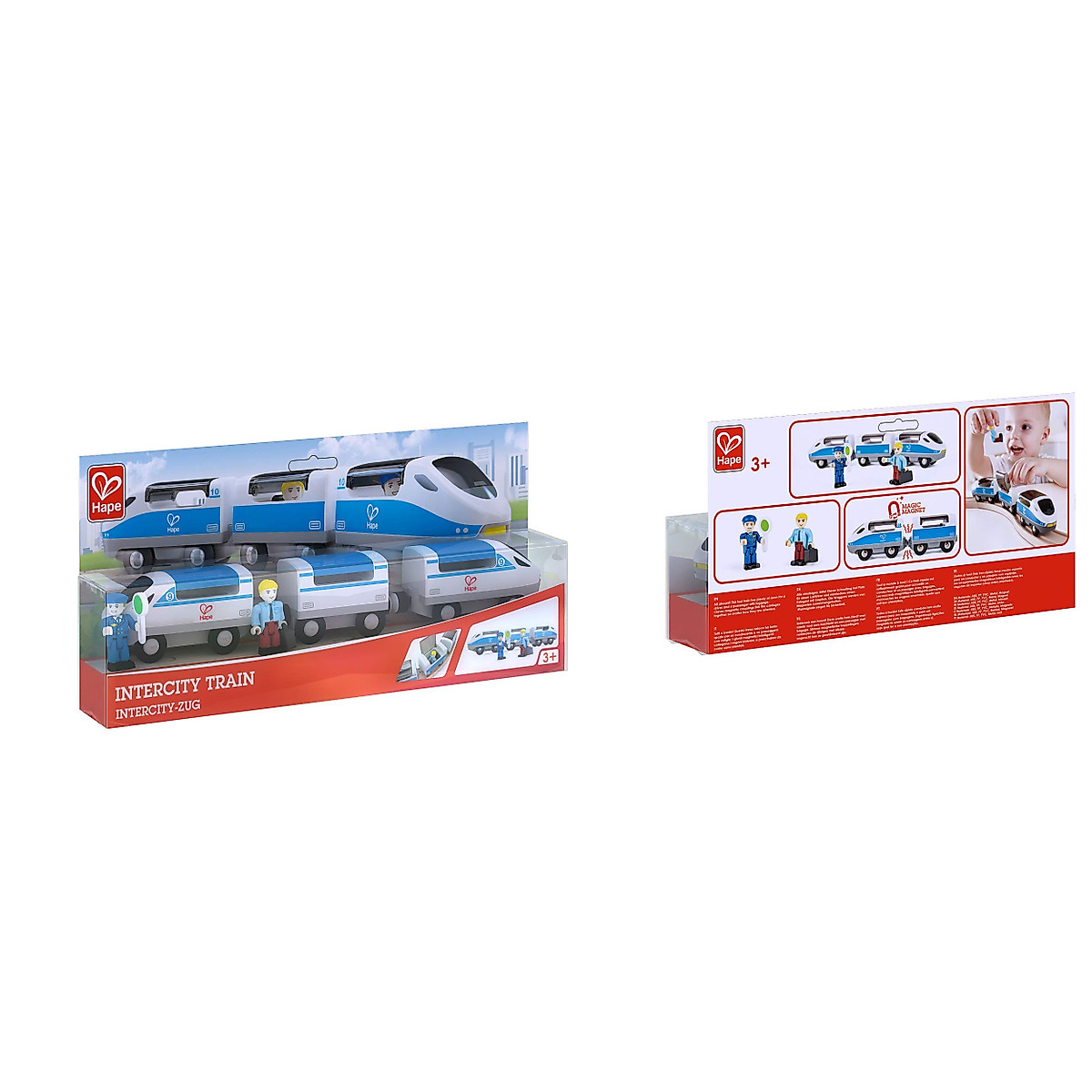 Hape E3728 Intercity Train Toy, Kids Train Toy Set with Accessories, 3 x Open/Close Magnetic Carriages, Passenger and Driver Figurines Included, Multicolor, 10.63" x 1.5" x 1.97", 7 Pack