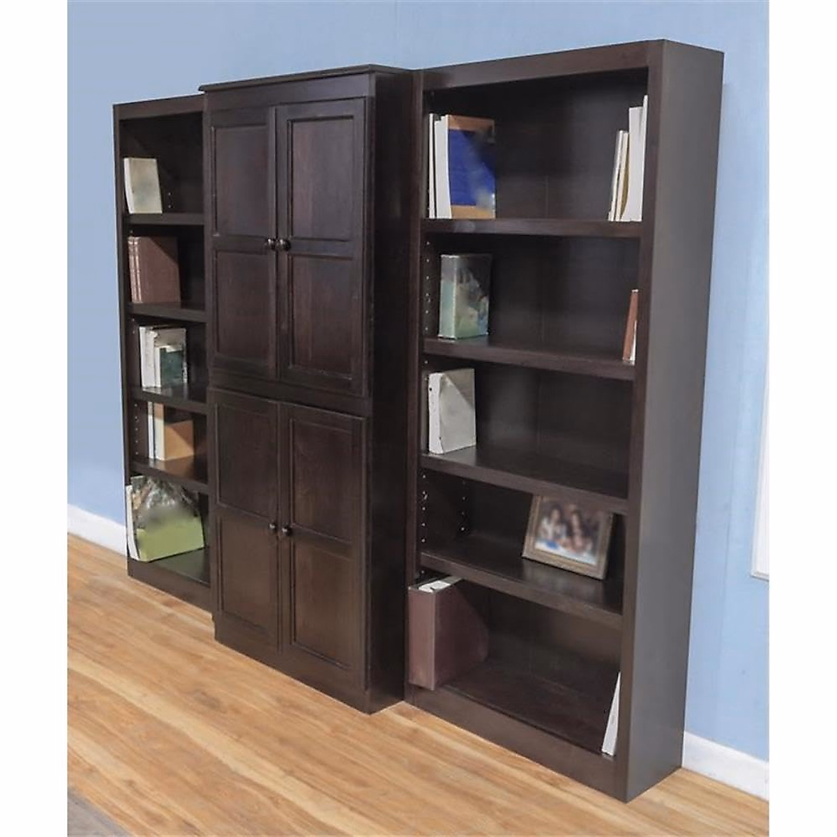 BOWERY HILL Traditional 72" 15-Shelf Wood Bookcase Wall with Doors in Espresso