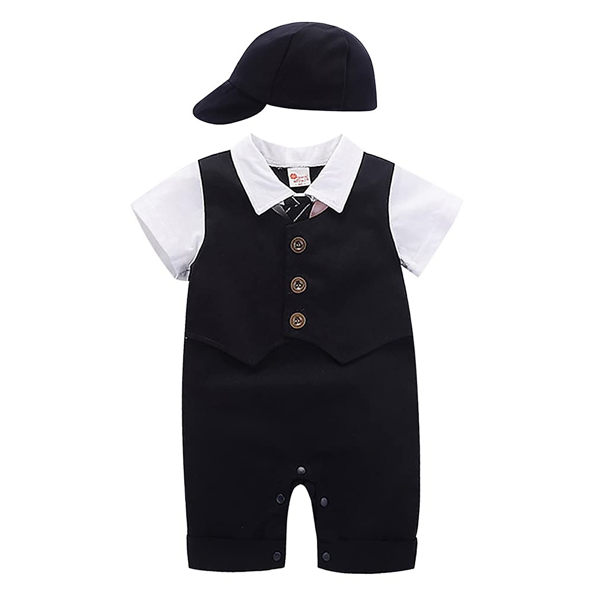 IDOPIP Baby Boy One-Piece Rompers Short Sleeve Jumpsuit Gentleman White Shirt Waistcoat Bowtie Tuxedo Formal Suit Infant Birthday Wedding Christening Outfit Clothes with Hat Black + Hat 6-9 Months