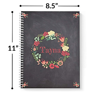 Floral Wreath Personalized Monthly and Weekly HARDCOVER Planner and Organizer, 1 full year, DATED or UNDATED OPTION, 8.5" x 11", lay flat wire-o spiral binding