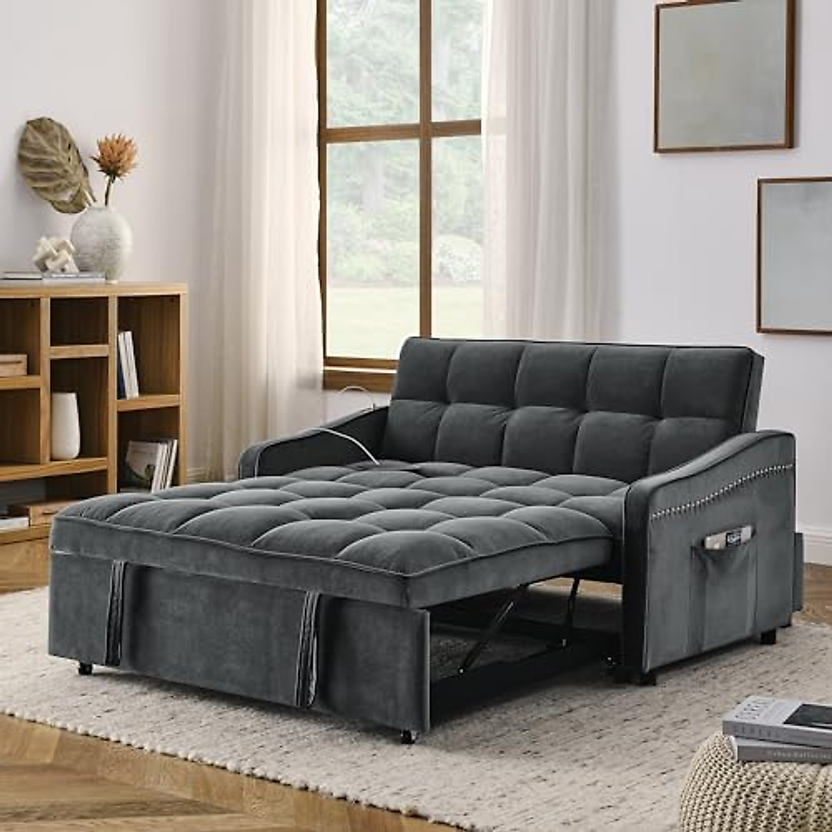 Upholstered Futon Loveseat Sofa Convertible to Sleeper Sofá Bed,Adjsutable Love Seat Chaise Lounge Couch Chair,Sofacama with Two Arm Pocket,Type C,USB Charging and Copper Nail for RV/Living Room