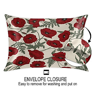 Poppies Satin Pillow Cases Silk Satin Pillowcase for Hair and Skin Standard Set of 2 Super Soft Silk Pillowcase with Envelope Closure (20x26 in)