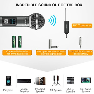 Phenyx Pro Single Digital Wireless Microphone System, w/1 Metal Handheld Dynamic Microphone, Mini Receiver, 15 UHF frequencies, Cordless Microphone for Karaoke, DJ, Singing, Church, Wedding(PDP-1-1H)