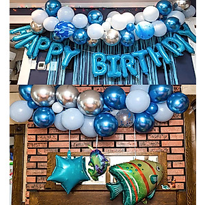 YinQin 176 PCS Ocean Blue Happy Birthday Party Balloons with Pump Under Sea Fish Birthday Balloons Decorations Baby Shark Happy Birthday Balloons Set Blue Sea Happy Birthday Party Supplies for Kid