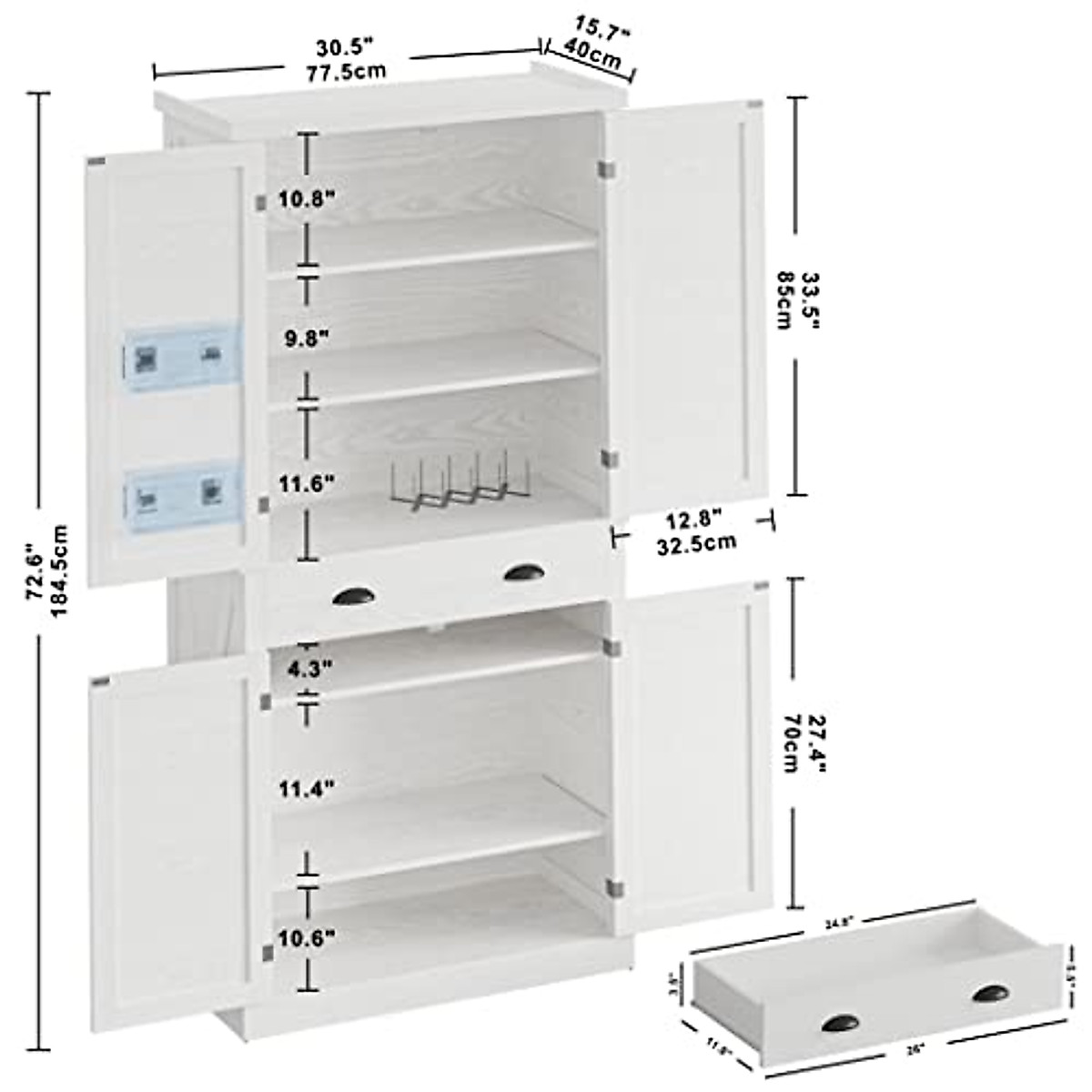 IRONCK Kitchen Pantry Storage Cabinet 72" Height, with Barn Doors, Drawer, 4 Adjustable Shelves, Freestanding Cupboard for Dining Room Living Room, Laundry, White