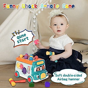 Syahro Baby Crawling Toys with Music and Light Infant Musical Bus Toys with Clock Toy, Shape Matching, Gear, Whack A Mole Game Tummy Time Toys Gifts for Toddler (Pink)