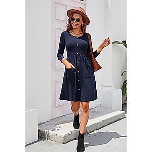 OUGES Womens Fall Long Sleeve Midi Dresses Button Down V Neck Skater Dress with Pockets 2023(Navy,XL)