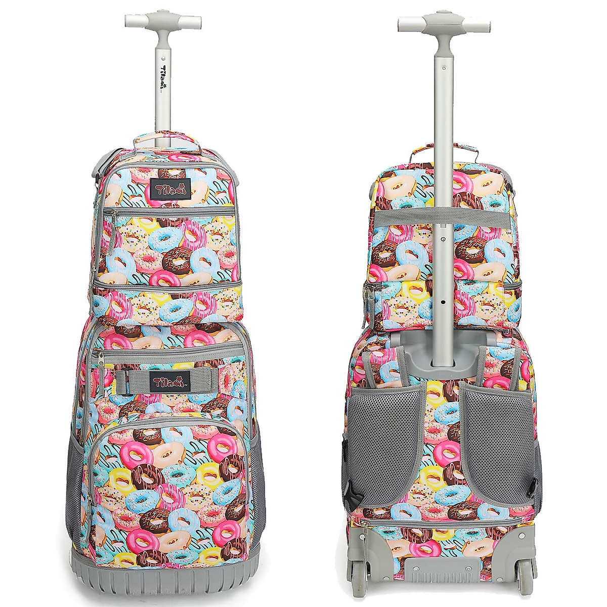 Tilami Rolling Backpack 19 inch with Lunch Bag Wheeled Laptop Backpack, Doughnut