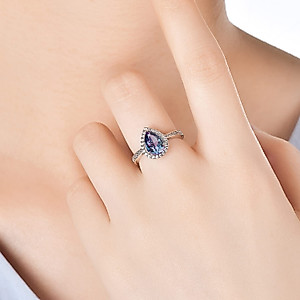 VEMAZA Color Change Alexandrite Ring Sterling Silver Halo Pear Shape TearDrop Statement Engagement Rings For Women (La Beaute, 8)